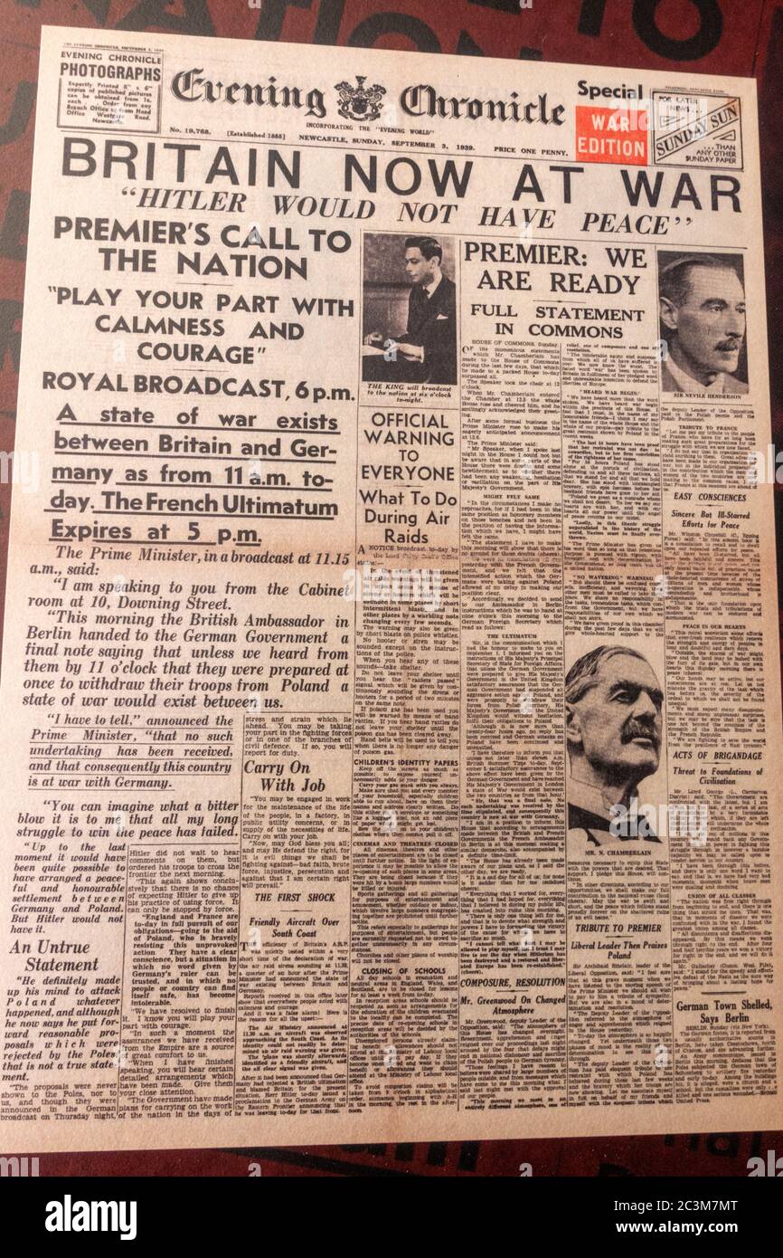 Front page of Evening Chronicle newspaper announcing start of WWII (3rd ...