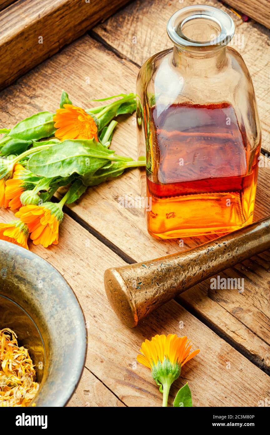 Medicinal tincture of calendula flowers, medicinal wild herbs.Tincture bottle and healing herbs ...