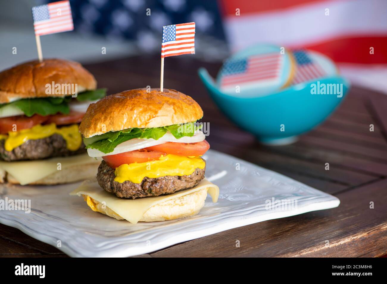 American beef burger and Cookies with American flag icing for ...