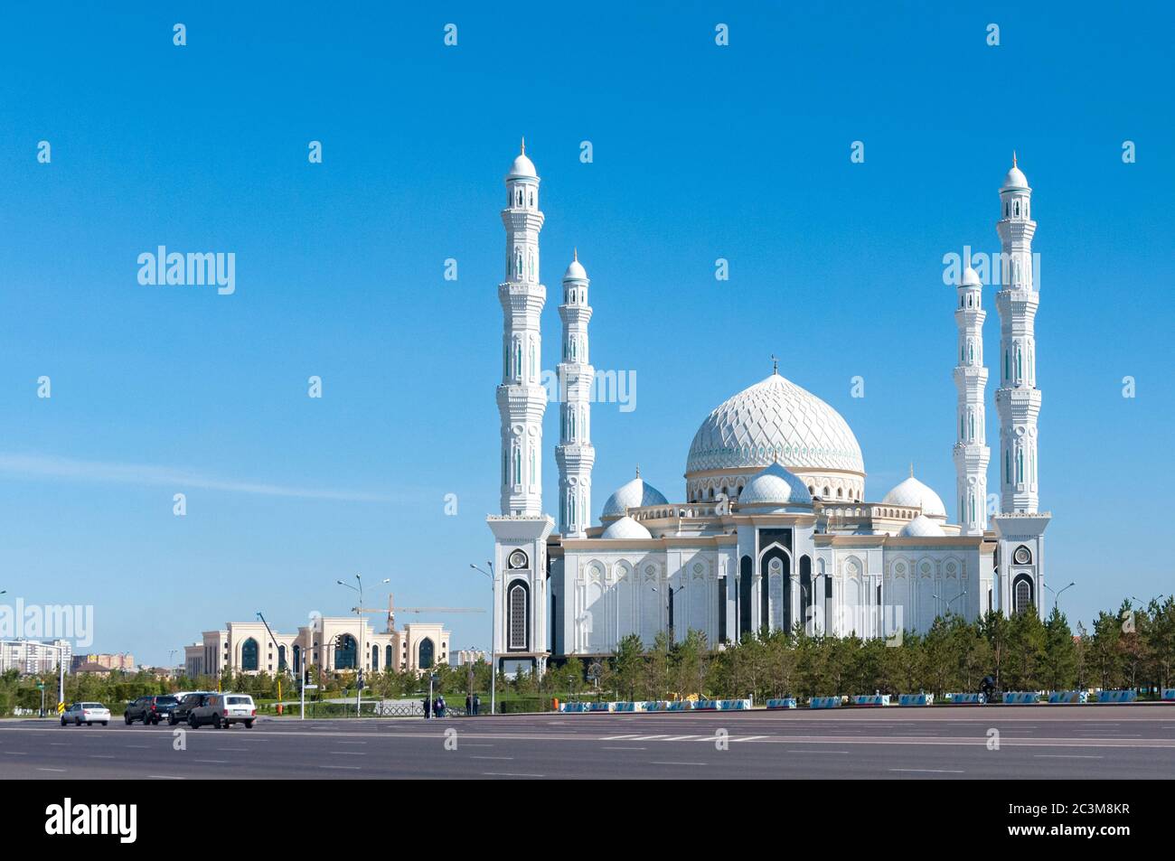 Beautiful white Hazrat Sultan Mosque in Astana on clear blue sky ...