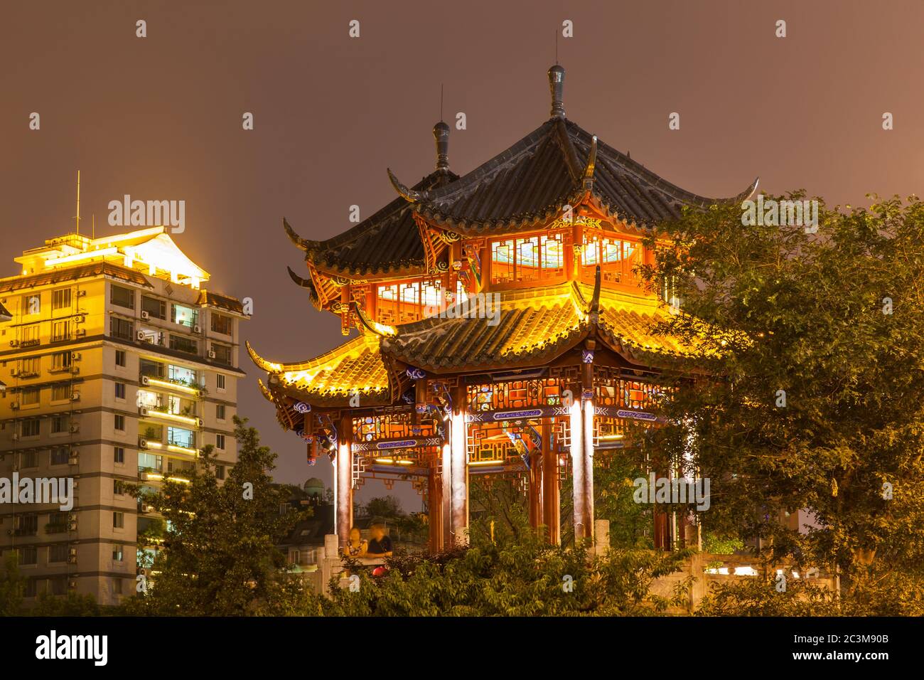 Night view of Hejiang Pavilion with beautiful illumination in Chengdu ...
