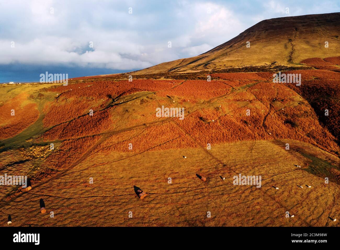 Landscape of the Hay Bluff covered in trees under a cloudy sky and ...