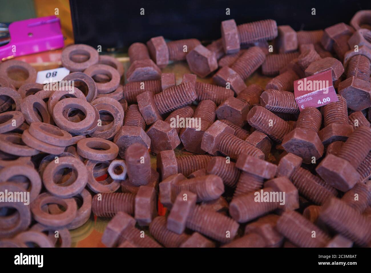 Close up of Christmas market stall in Vienna, Austria. Various tools ...