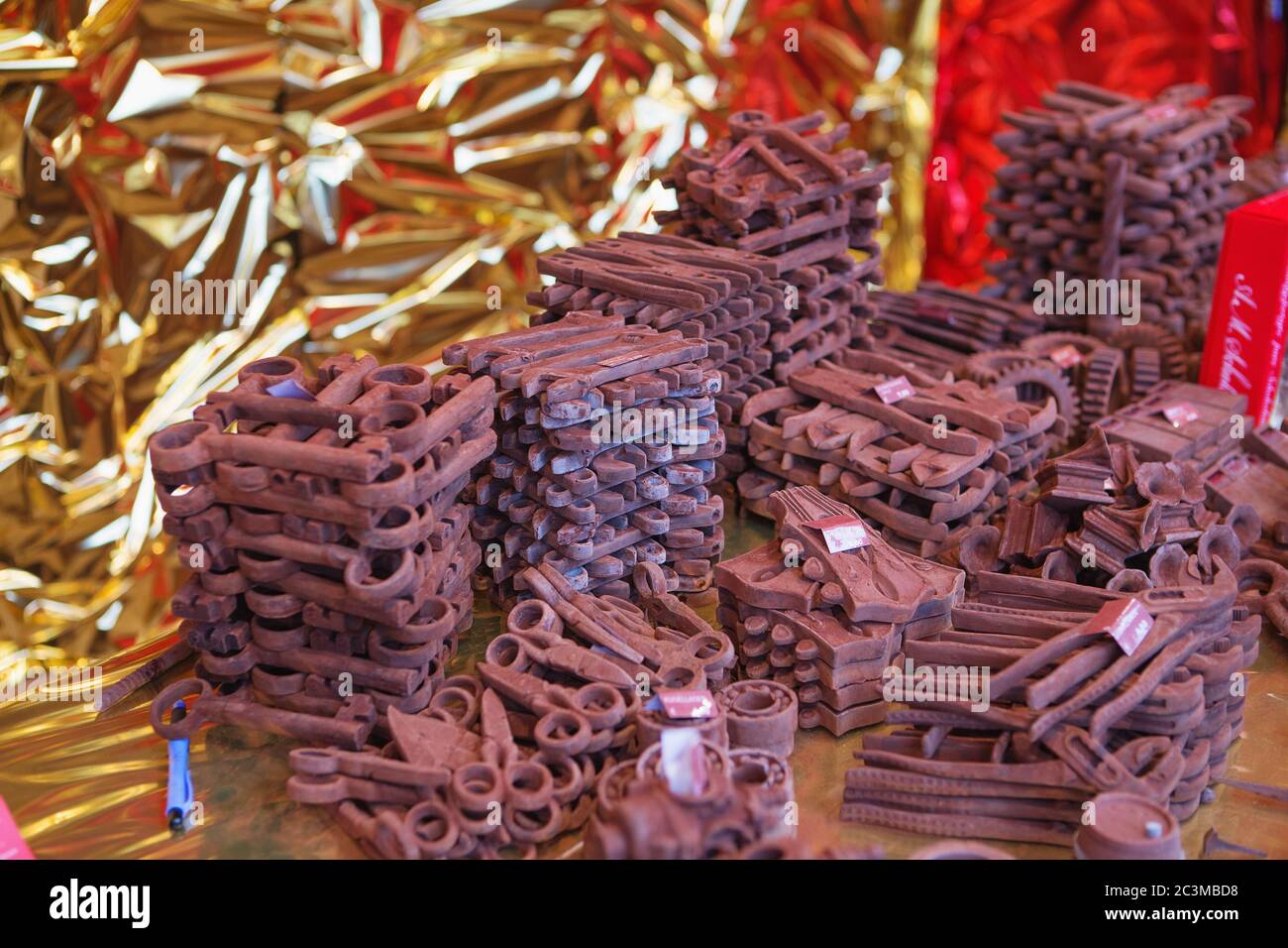 Close up of Christmas market stall in Vienna, Austria. Various tools ...
