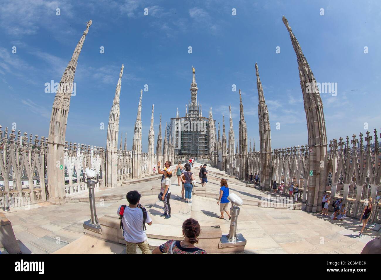 Milan, Italy - August 3, 2017: wide angle view of the rooftop of Duomo ...