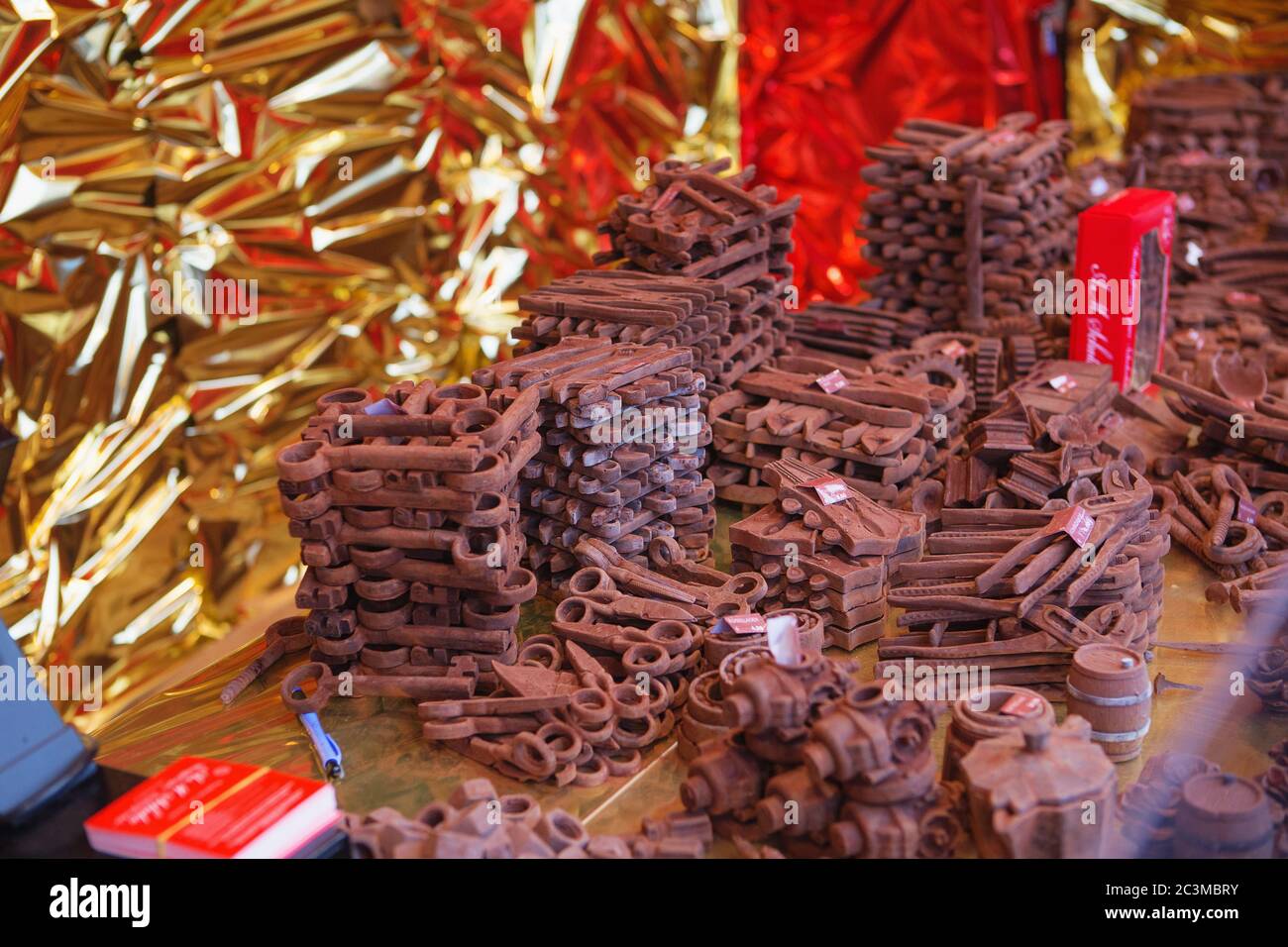 Close up of Christmas market stall in Vienna, Austria. Various tools ...