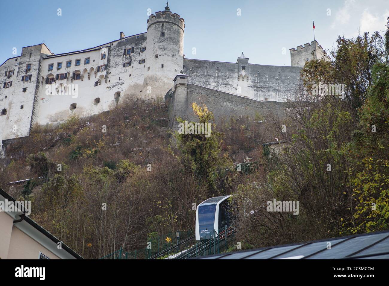 Salzburg, Austria - November 28, 2018: A funicular railway car in its ...