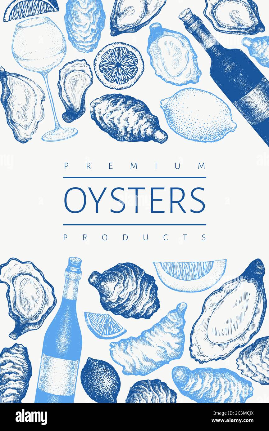 Oysters design template. Hand drawn vector illustration. Seafood banner ...