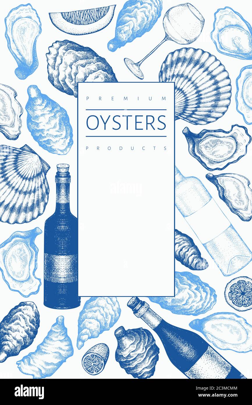 Oysters design template. Hand drawn vector illustration. Seafood banner ...