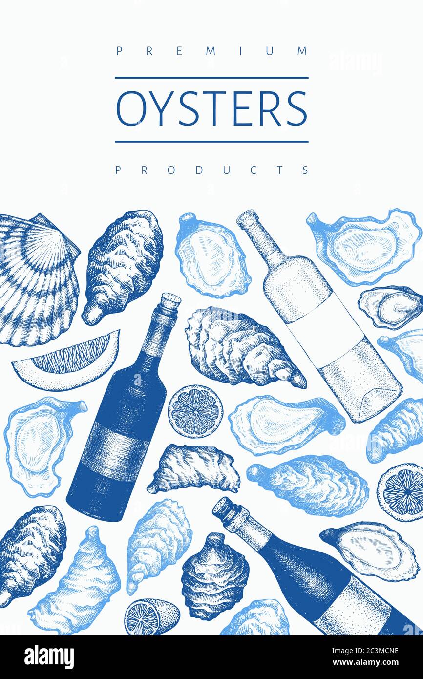 Oysters design template. Hand drawn vector illustration. Seafood banner ...
