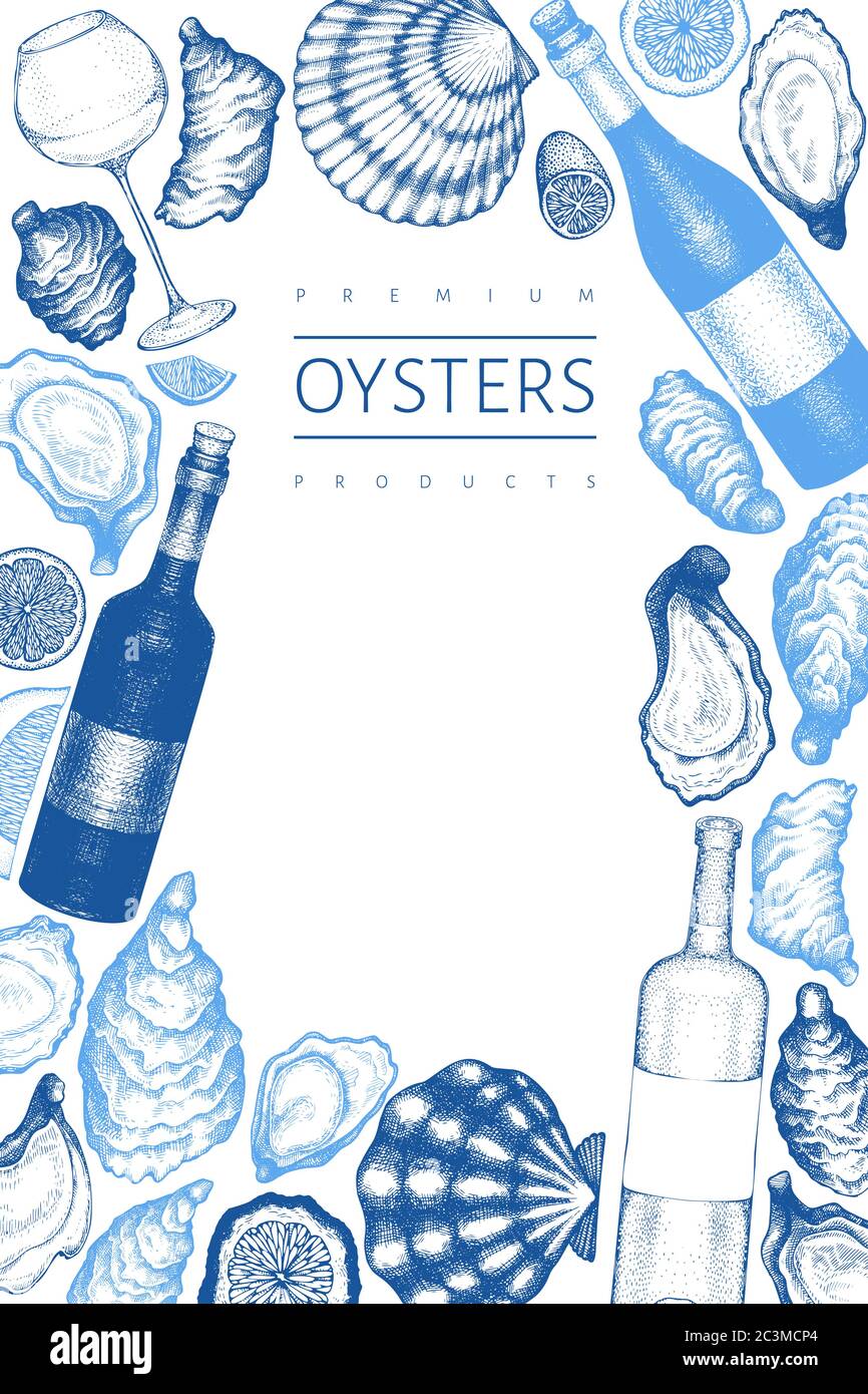 Oysters design template. Hand drawn vector illustration. Seafood banner ...