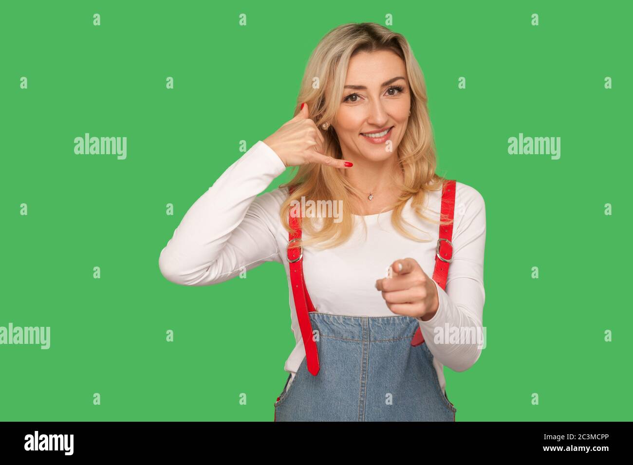 Hey you, call me back, let's contact by phone! Portrait of playful ...