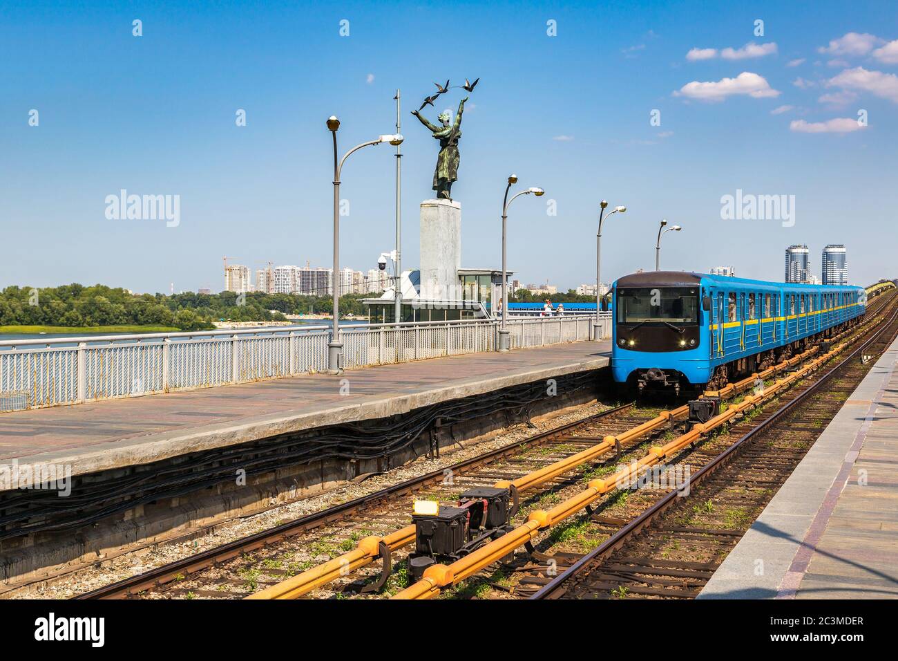 Metro (subway) train on metro bridge in Kiev, Ukraine in a beautiful ...