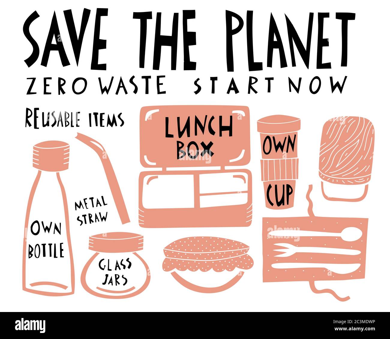 Eco style. Collection of Zero Waste reusable items. Hand drawn vector ...