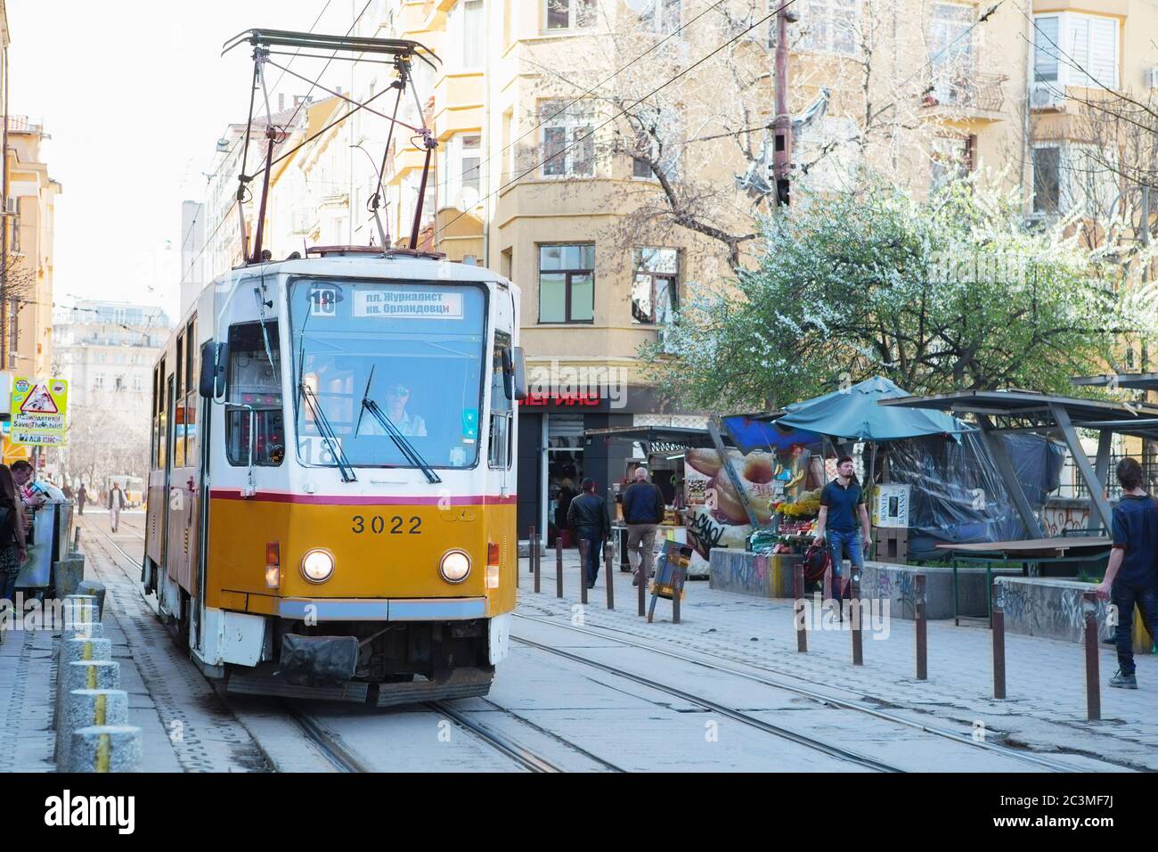 SOFIA, BULGARIA - April 04, 2018: Sofia tramway network. Sofia is the capital and largest city ...