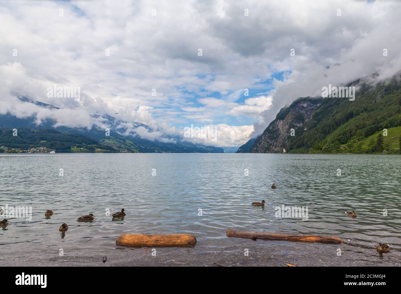 Panorama view of Walensee lake from Walenstadt on a cloudy summer day ...