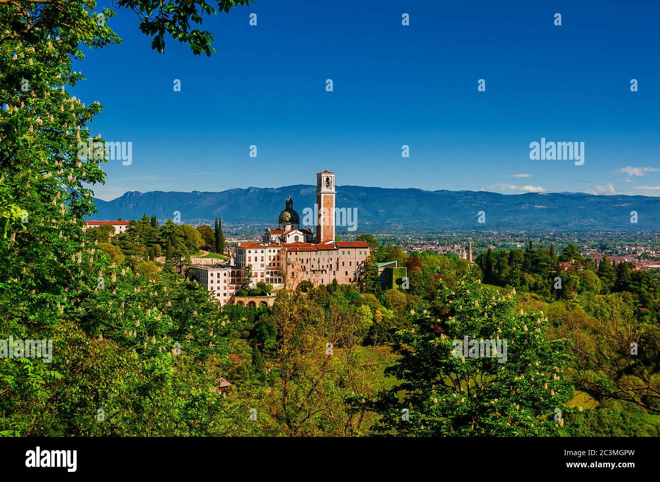 View of Sanctuary of Mount Berico (Church of St. Mary), at the top of a ...
