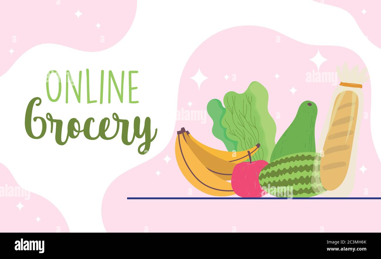 online market, fruit vegetable and bread food grocery shop home ...