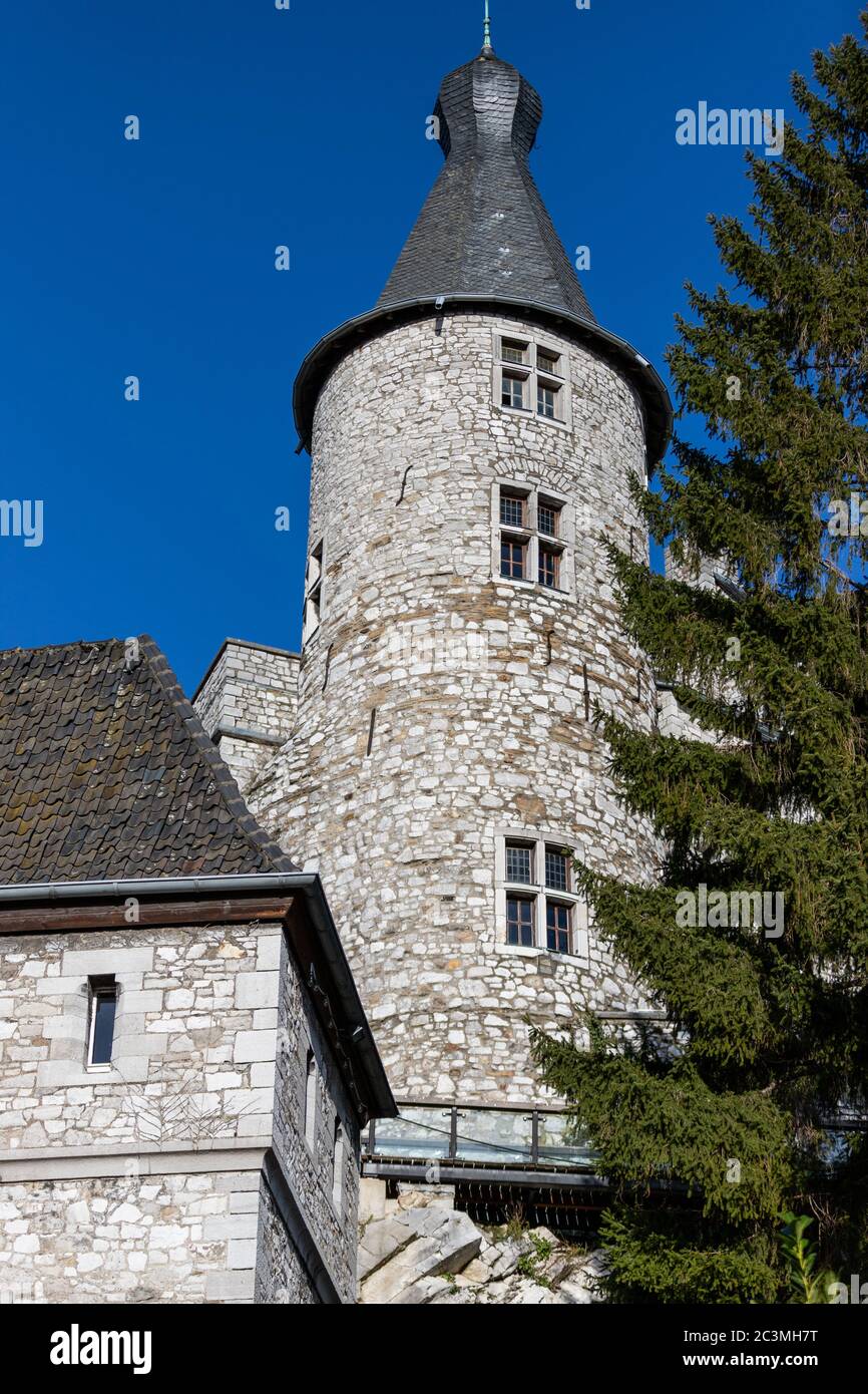 Low angle view at a tower of Stolberg castle in Stolberg, Eifel ...