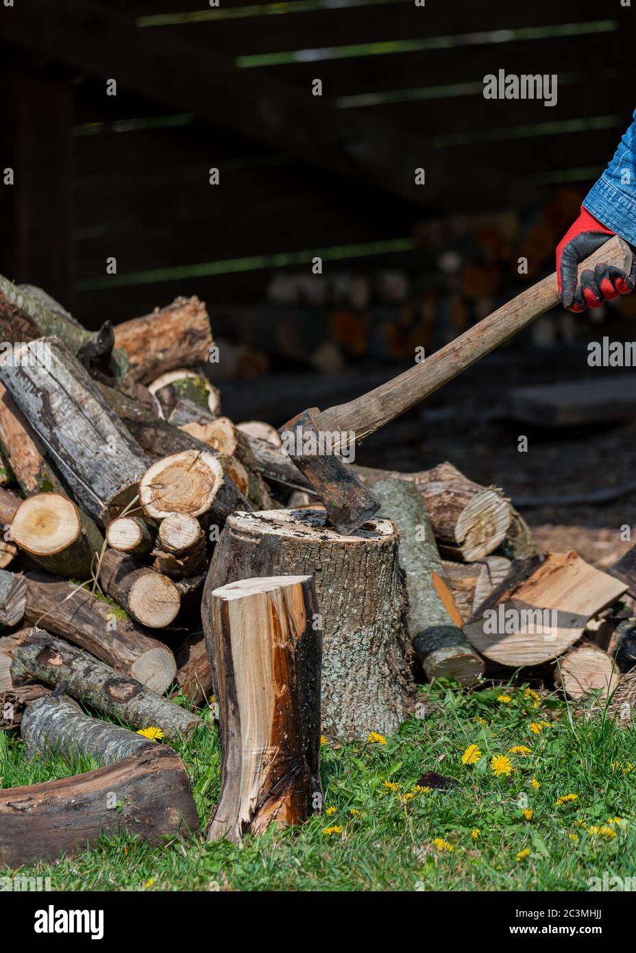 Man works with axe next to the barn Stock Photo - Alamy
