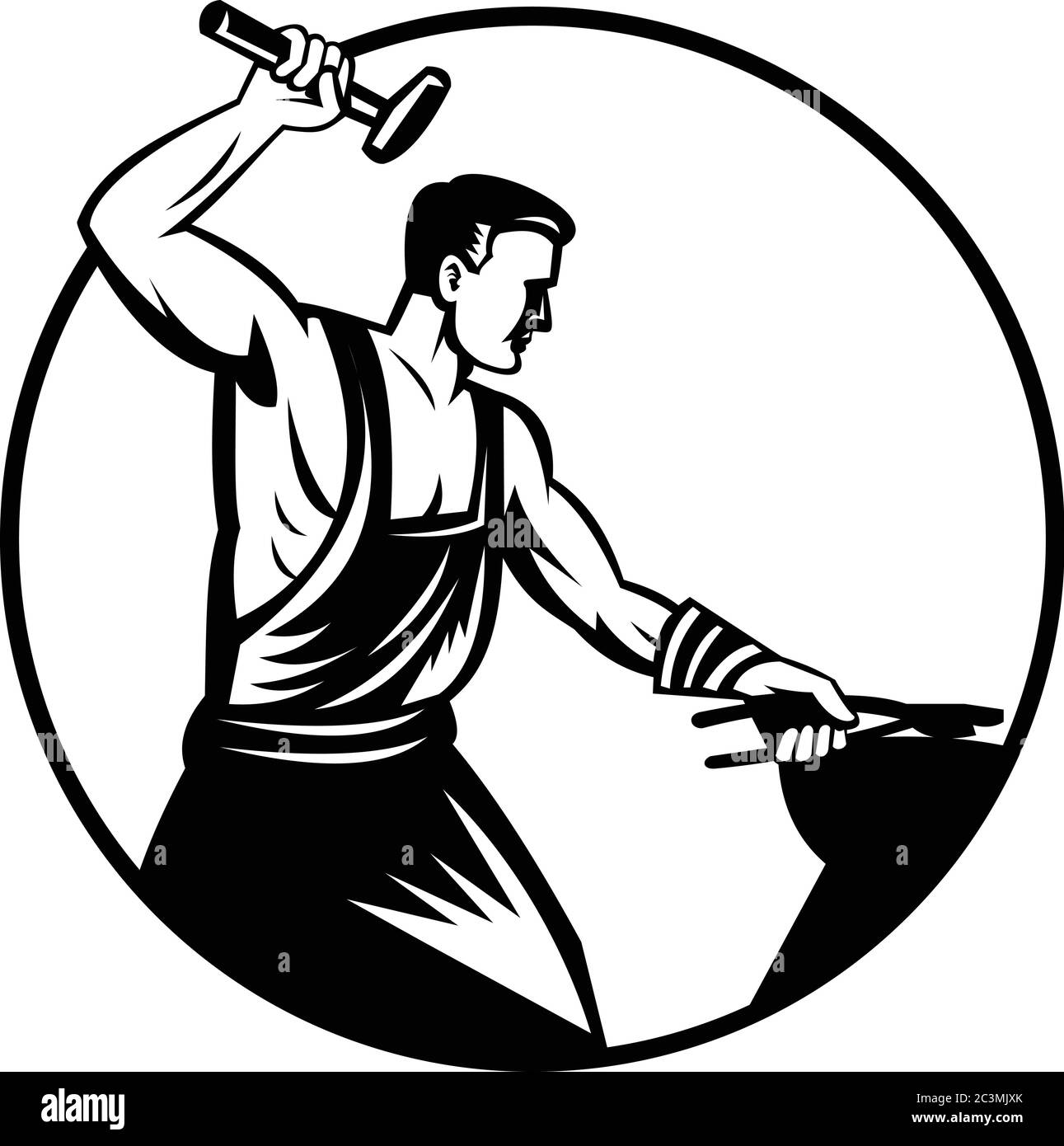 Black and white retro style illustration of a blacksmith or foundry ...