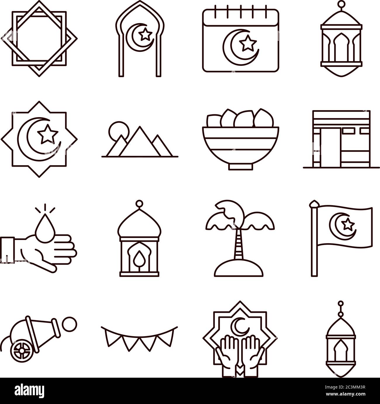 eid mubarak islamic religious celebration traditional icons set vector ...