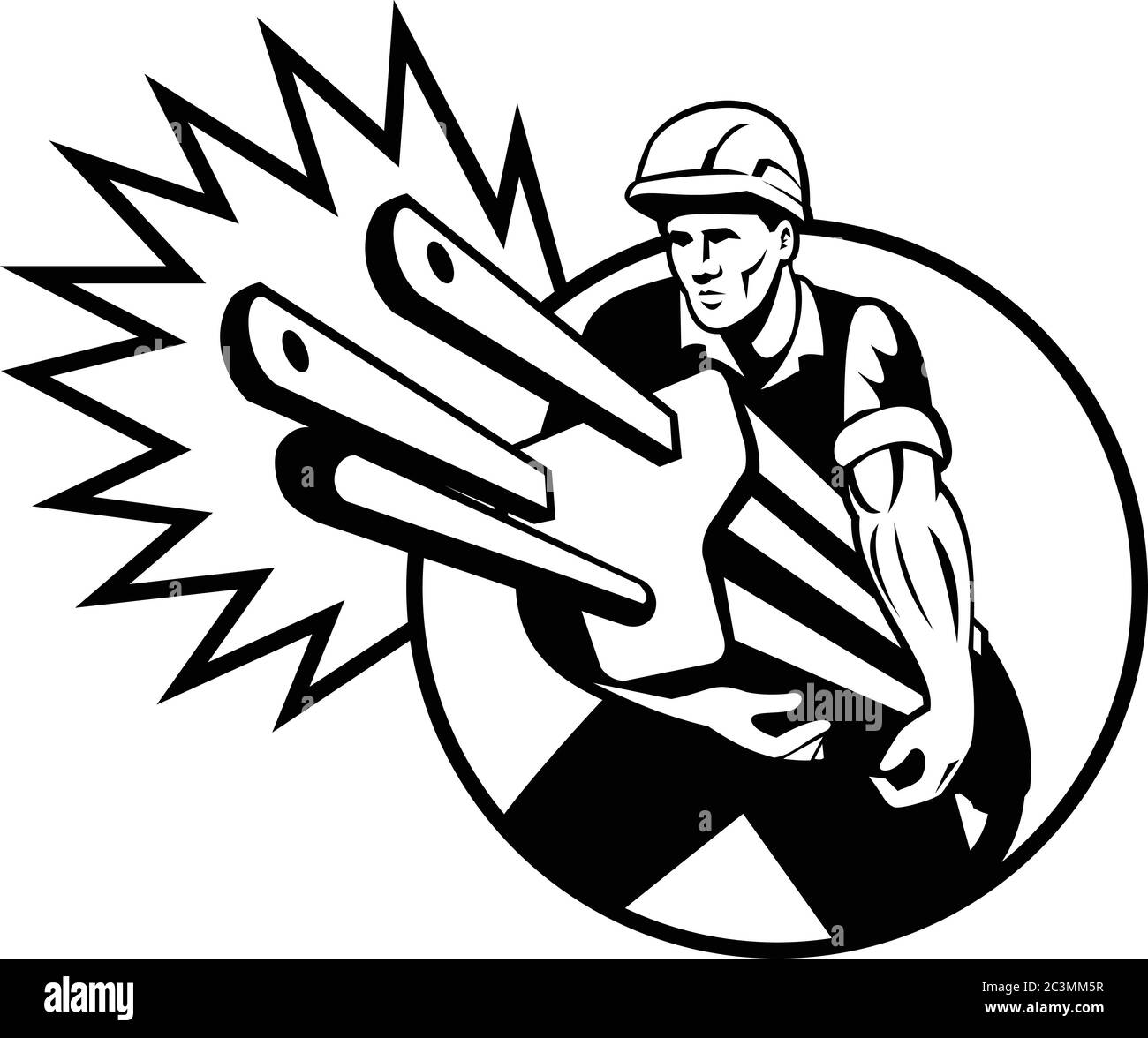 Black and white illustration of an electrician, power lineman or ...