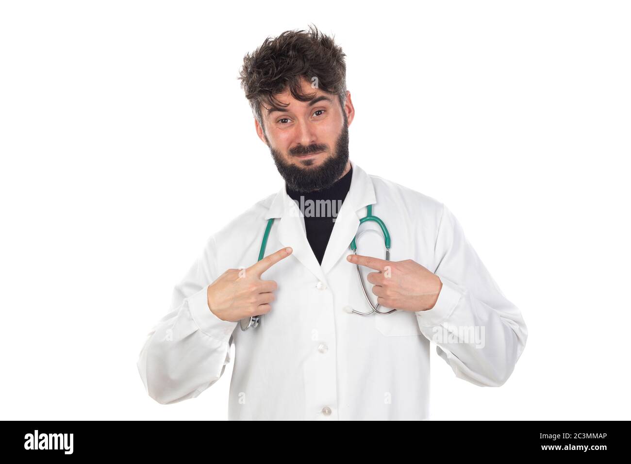 Young doctor with beard wearing a medical gown isolated on a white ...