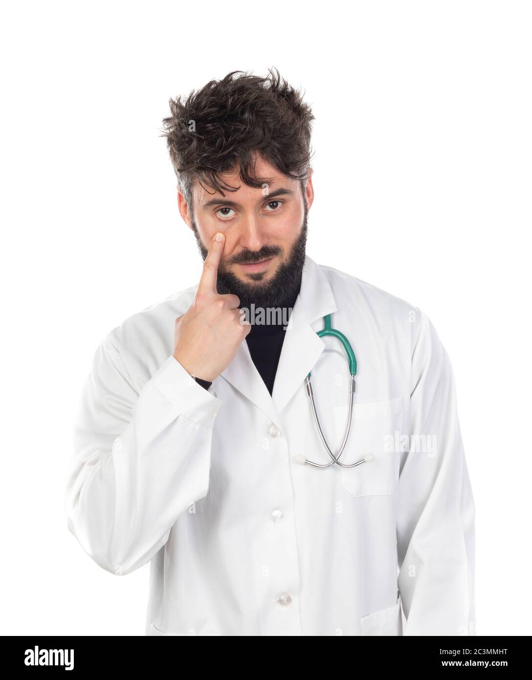 Young doctor with beard wearing a medical gown isolated on a white ...