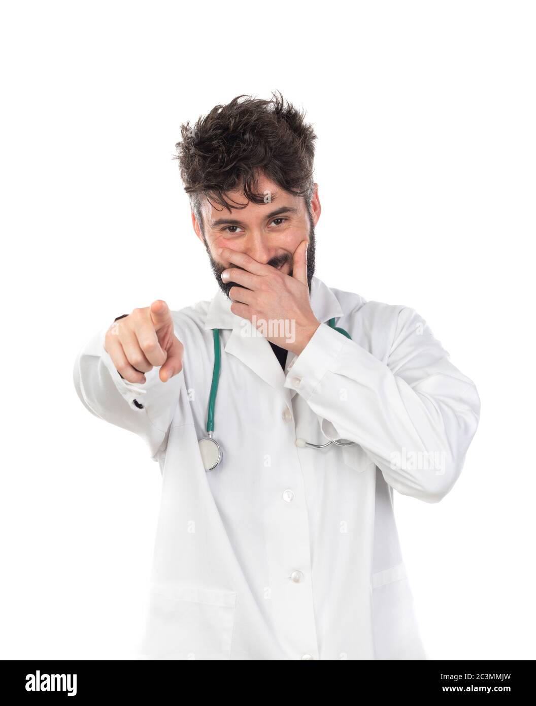 Young doctor with beard wearing a medical gown isolated on a white ...
