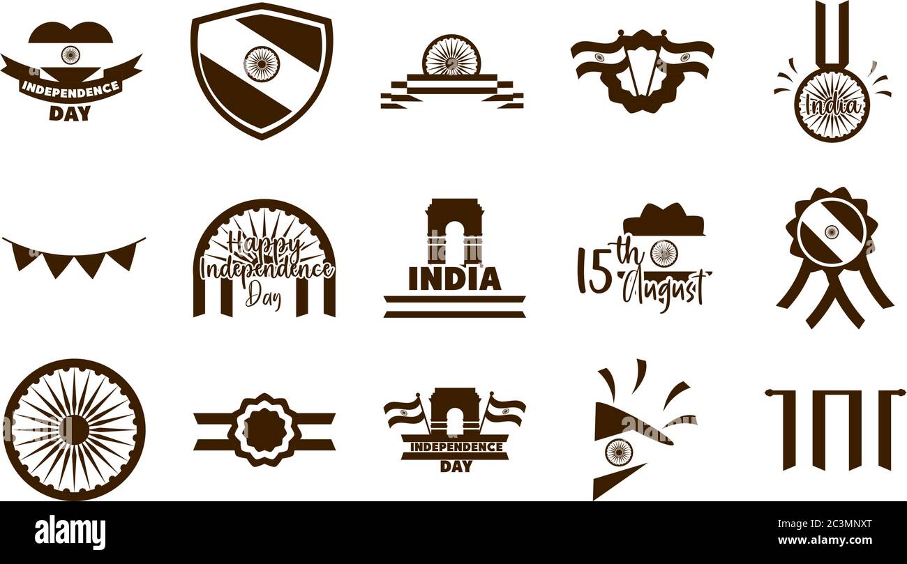happy independence day india, freeedom celebration national icons set ...