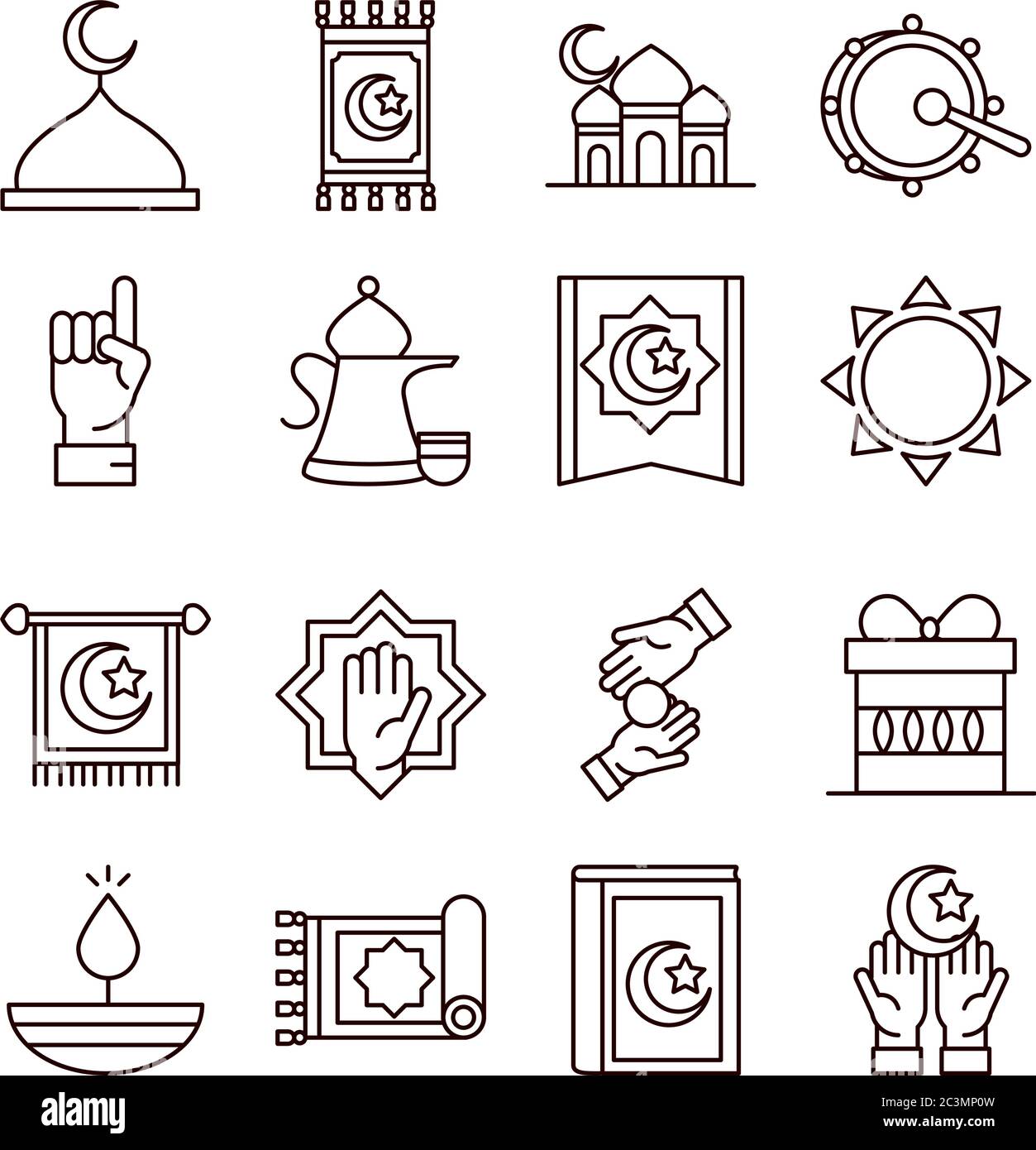 eid mubarak islamic religious celebration traditional icons set vector ...