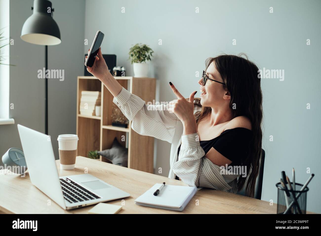 Portrait of Young Adult Girl Working From Home, Freelance and Remote ...