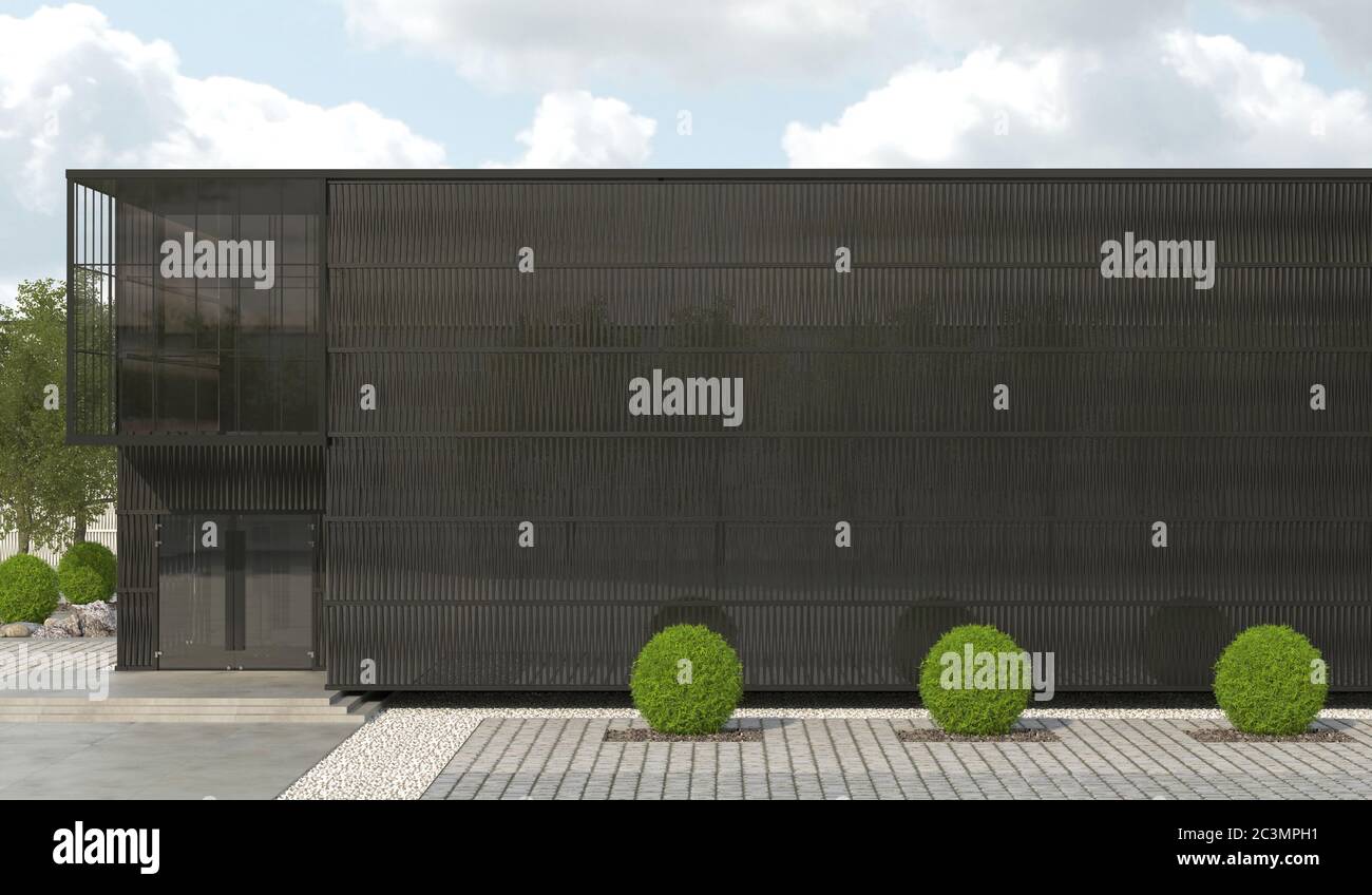 The modern building is monochrome black and rectangular shape. Facade ...