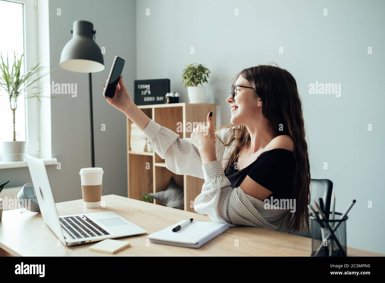 Portrait of Young Adult Girl Working From Home, Freelance and Remote ...