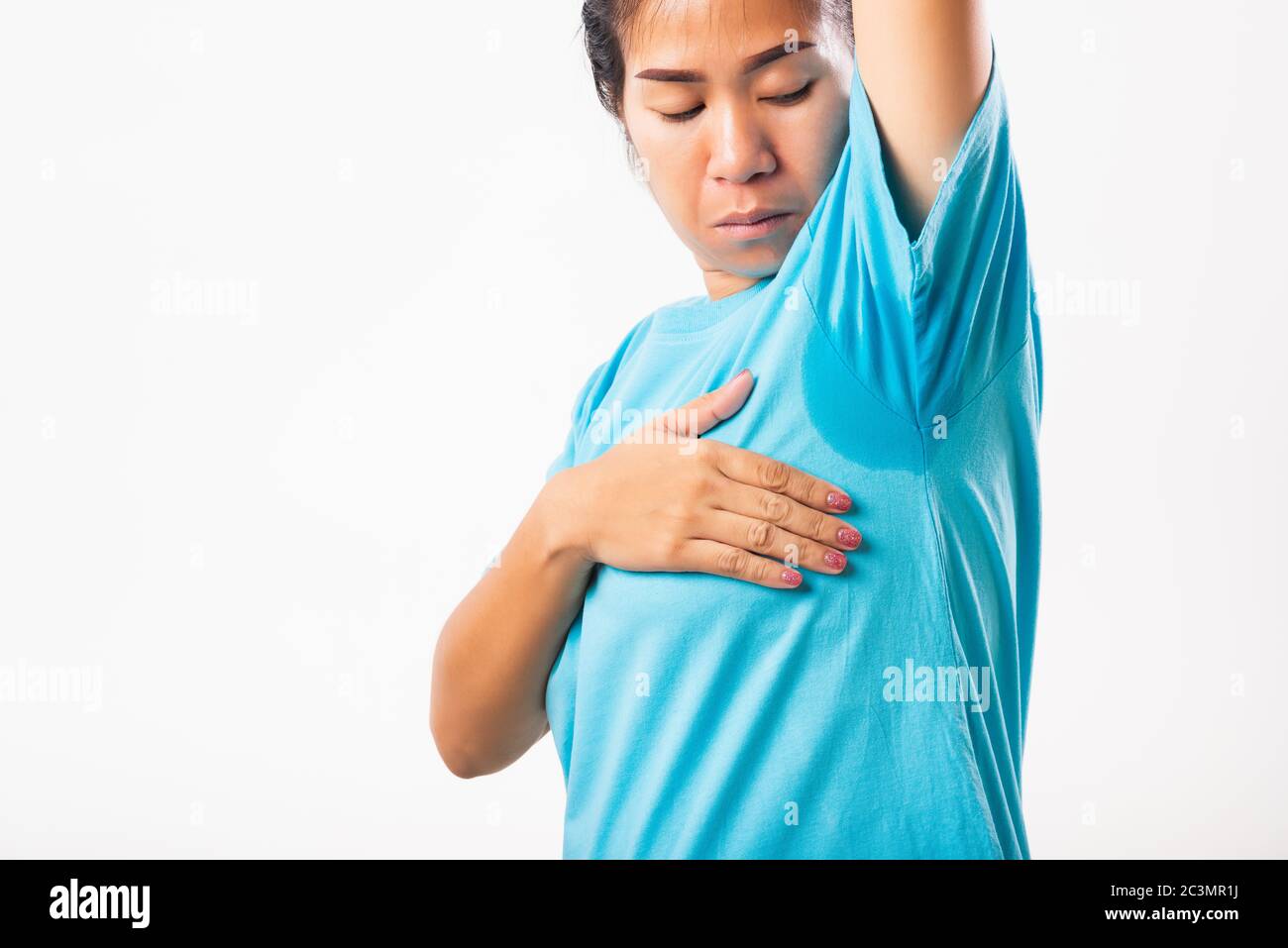 Closeup young Asian young woman hyperhidrosis sweating. Female very ...
