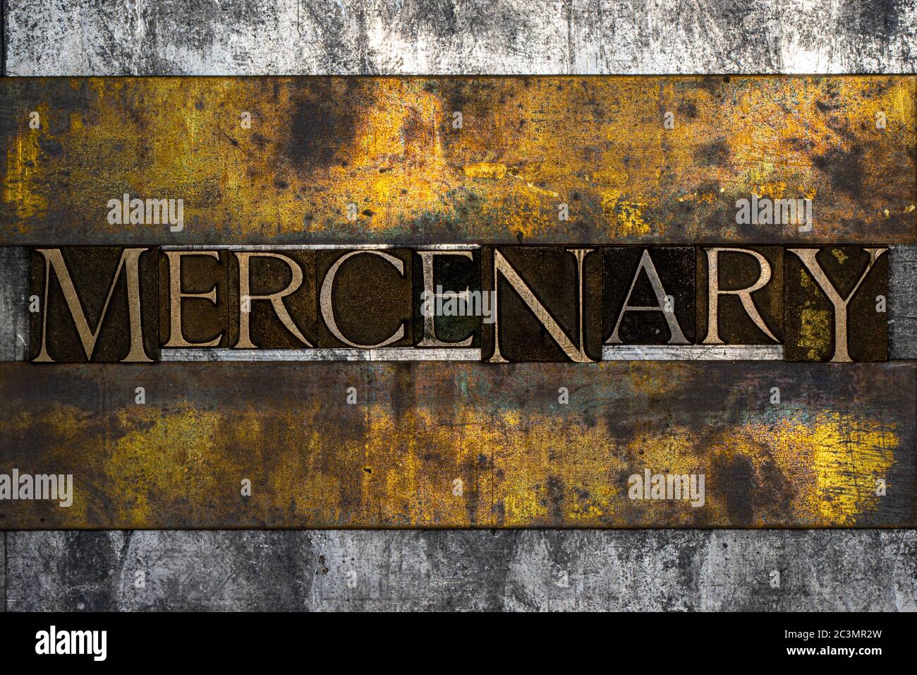 Mercenary text formed with real authentic typeset letters on vintage ...