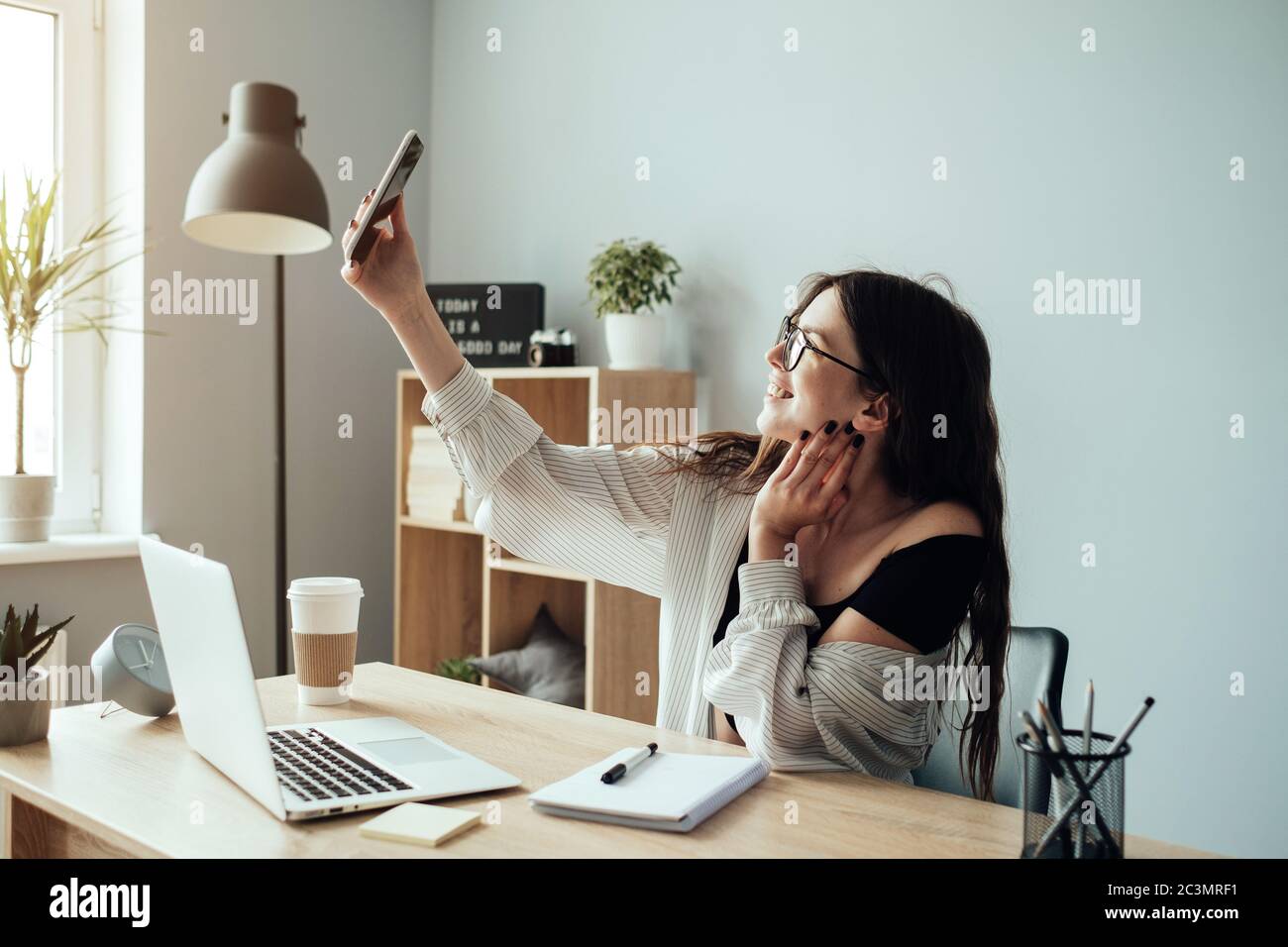 Portrait of Young Adult Girl Working From Home, Freelance and Remote ...