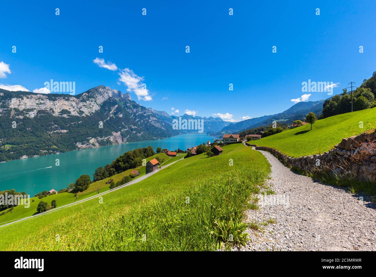 Panorama view Walensee (Walen) lake and the Alps on the hiking trail ...