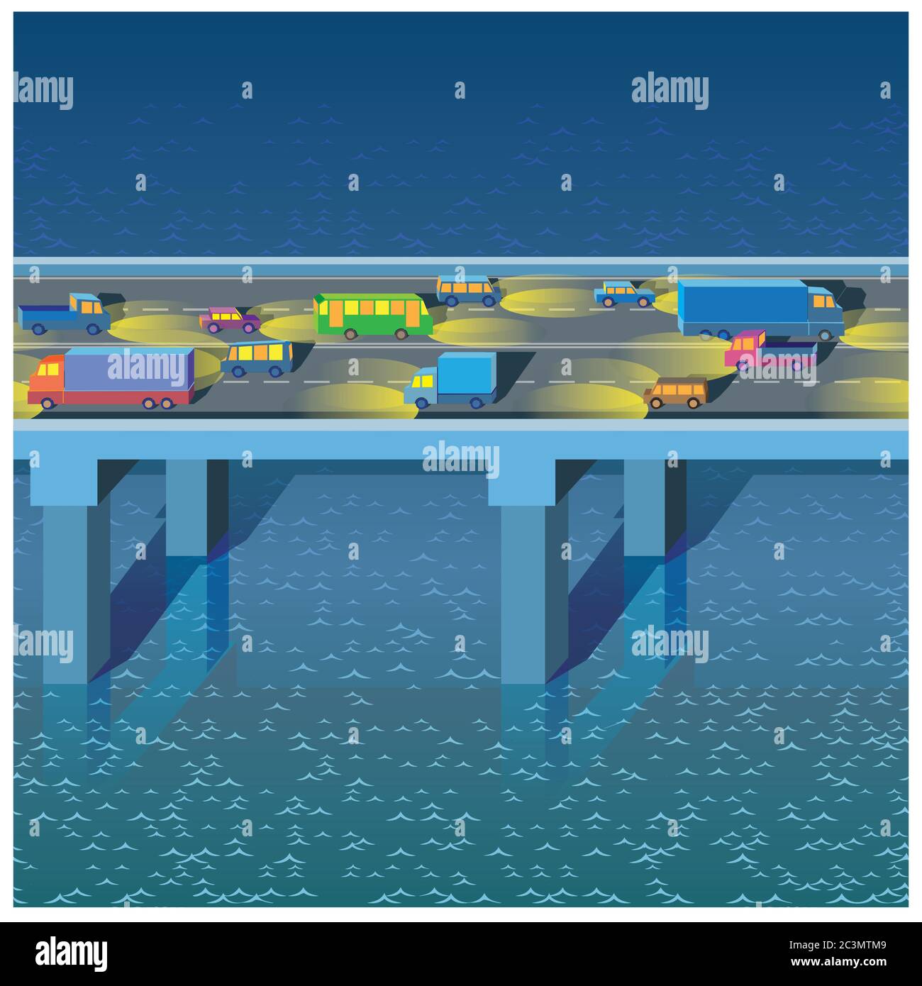 seamless horizontal stylized illustration of a bridge with cars on a ...