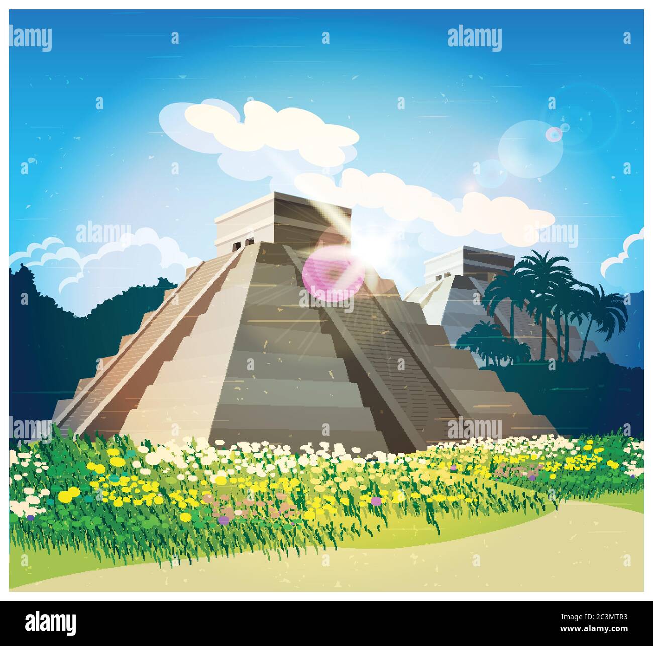 Stylized vector illustration of ancient Mayan pyramids in the jungle ...