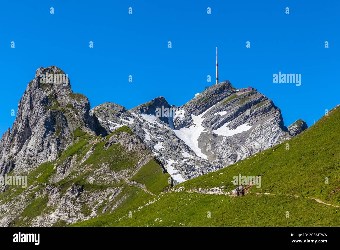 Stunning view of the peak Saentis (Santis) on the hiking path in summer ...