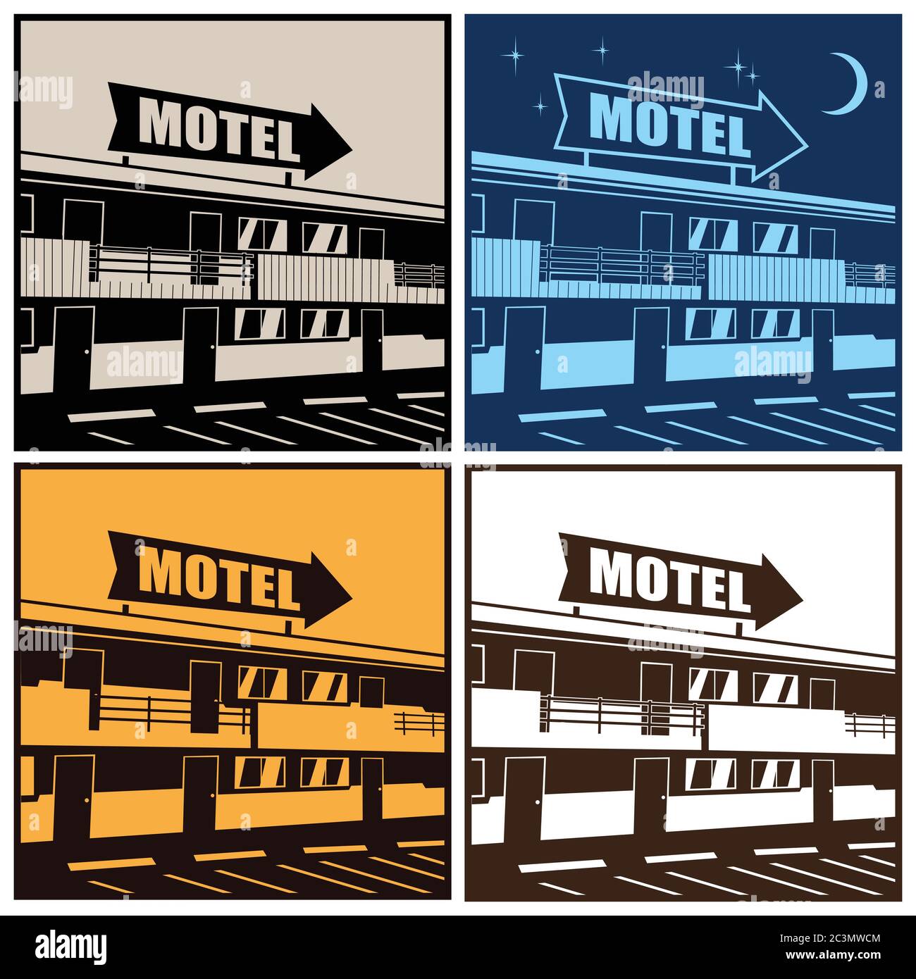 Stylized vector illustration of the motel at different times of the day ...