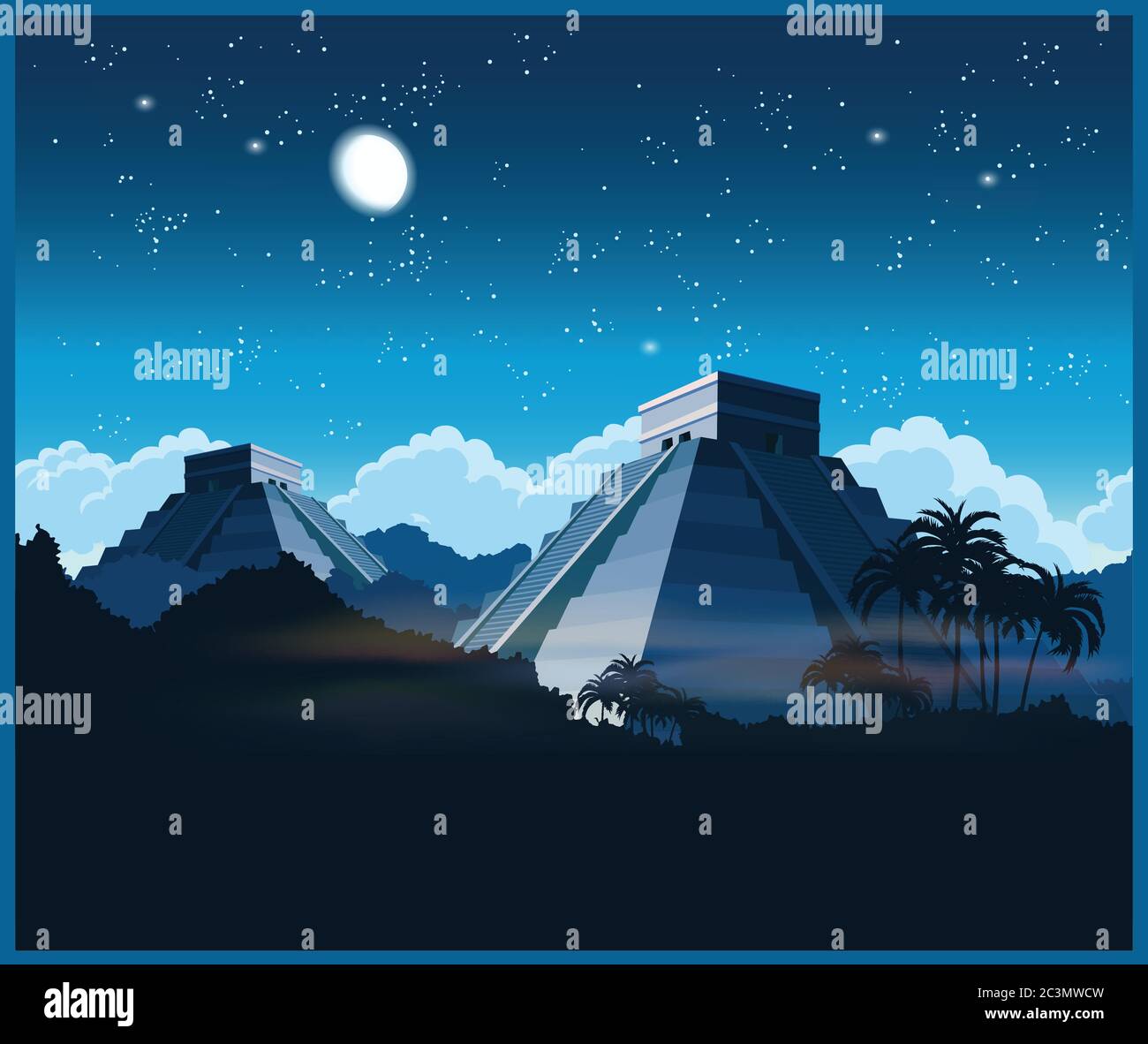 Stylized vector illustration of ancient Mayan pyramids in the jungle at ...