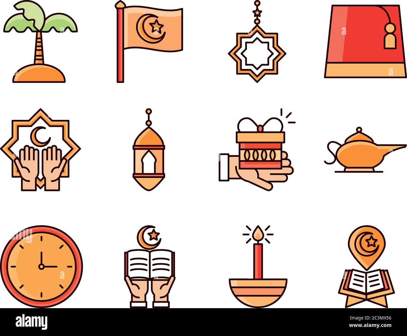 eid mubarak islamic religious celebration traditional icons set vector ...