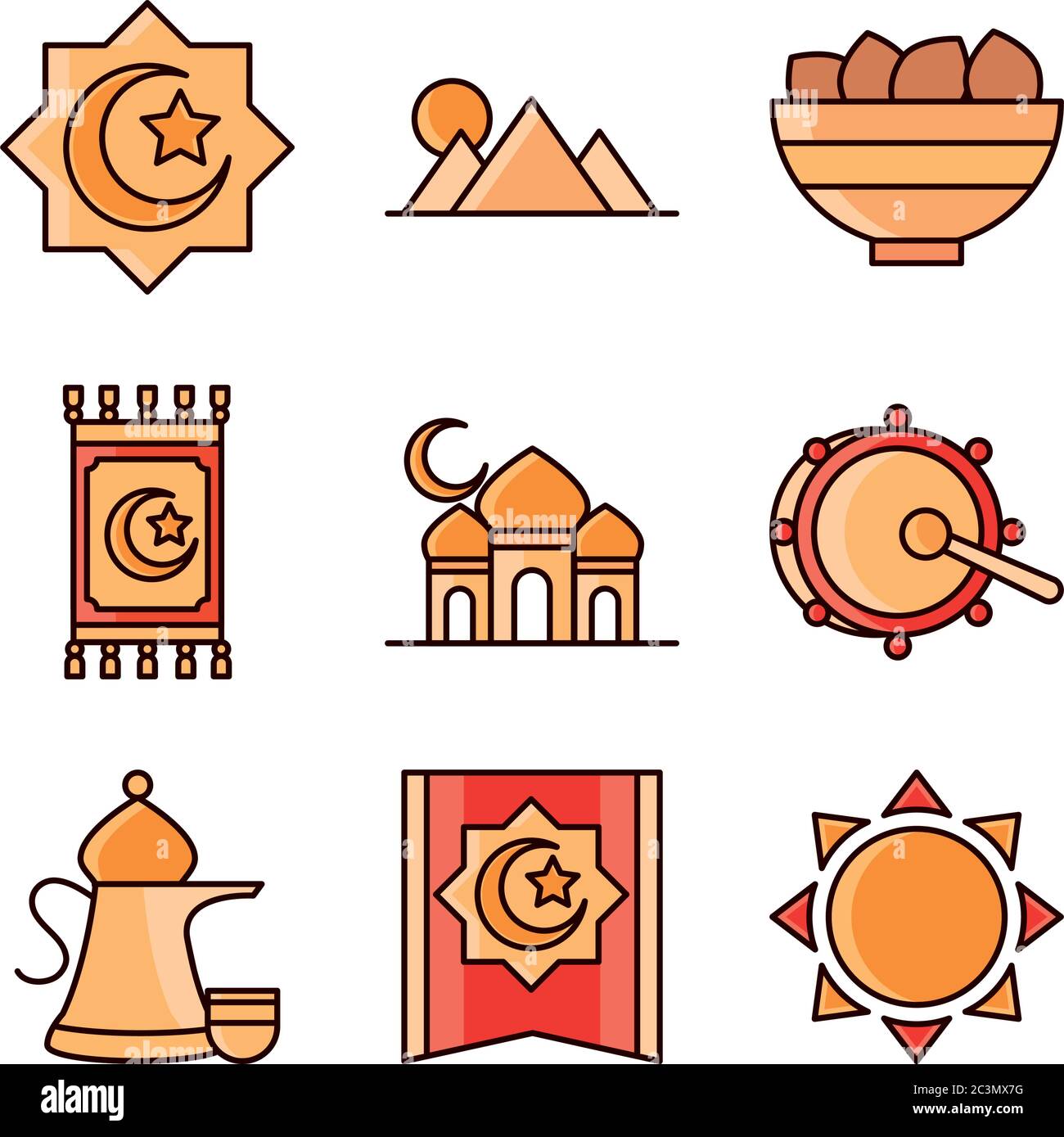 eid mubarak islamic religious celebration traditional icons set vector ...