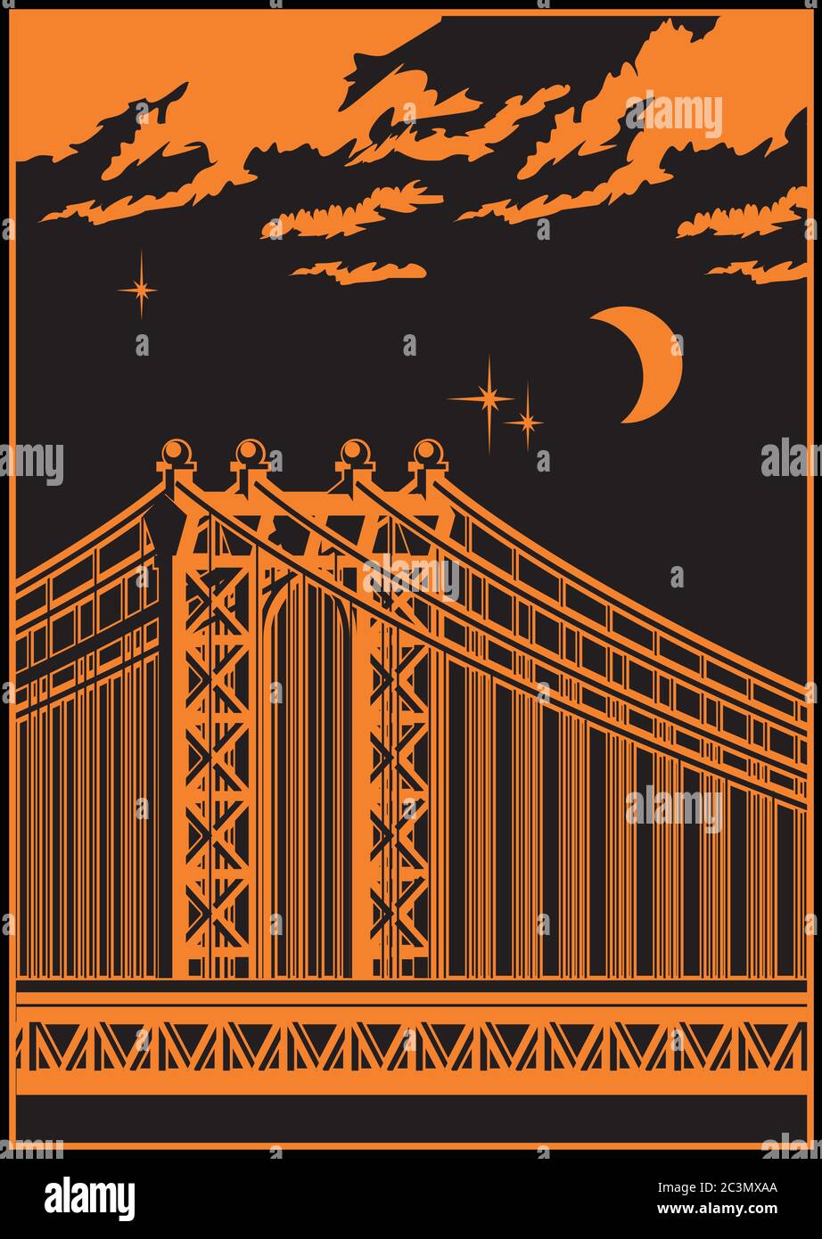 stylized vector illustration of a large cable-stayed bridge at night ...