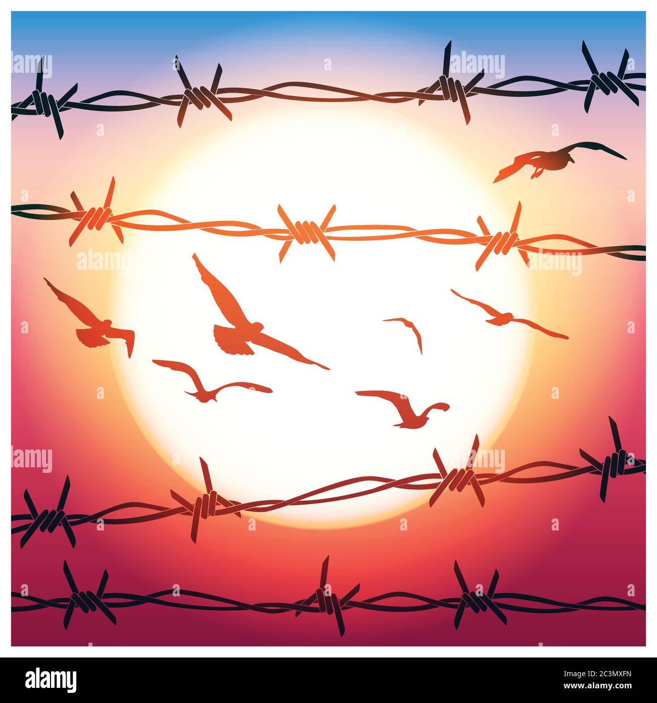 Stylized vector illustration of barbed wire and flying birds in ...