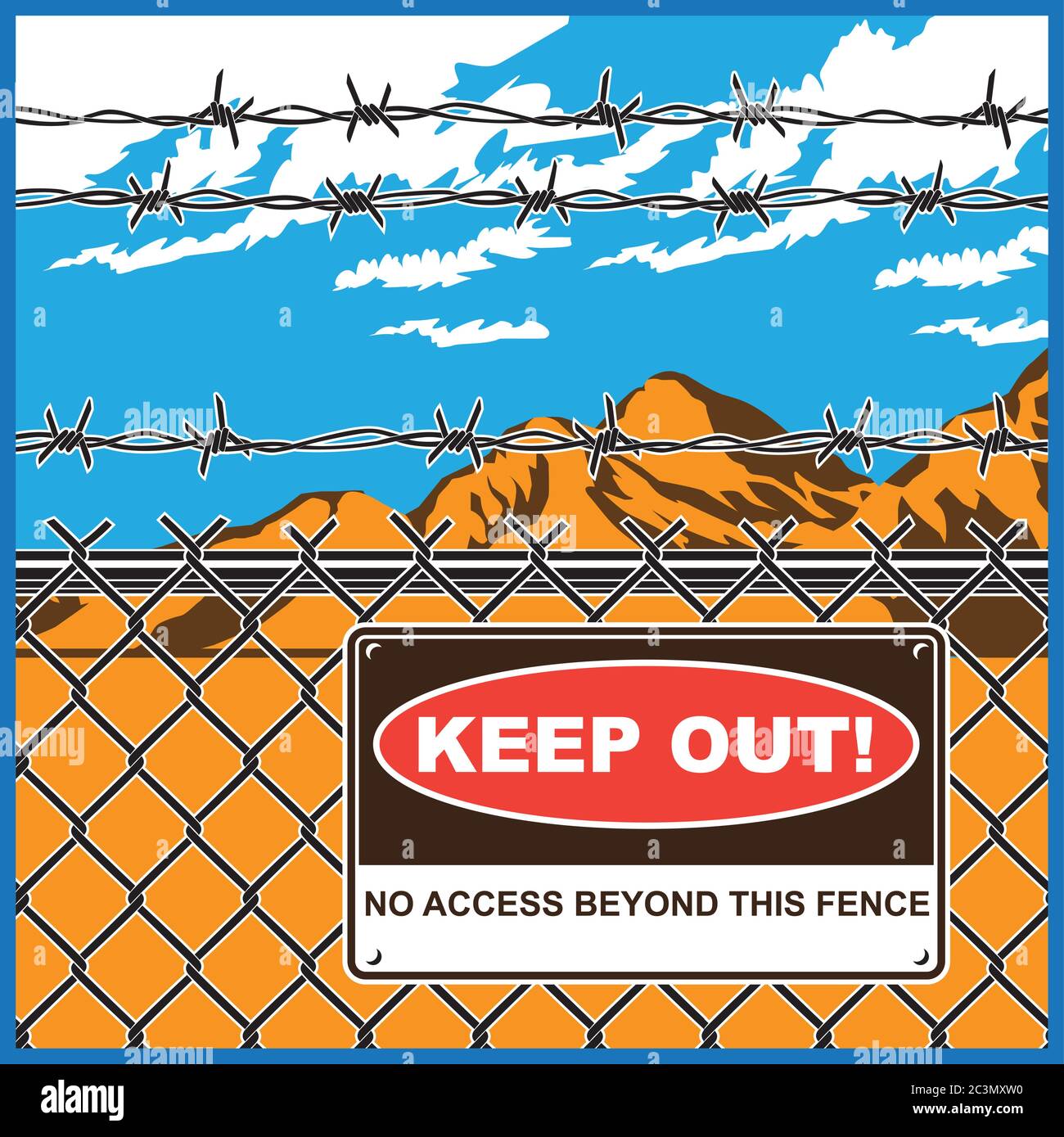 Stylized vector illustration of restricted area. A fence with barbed ...