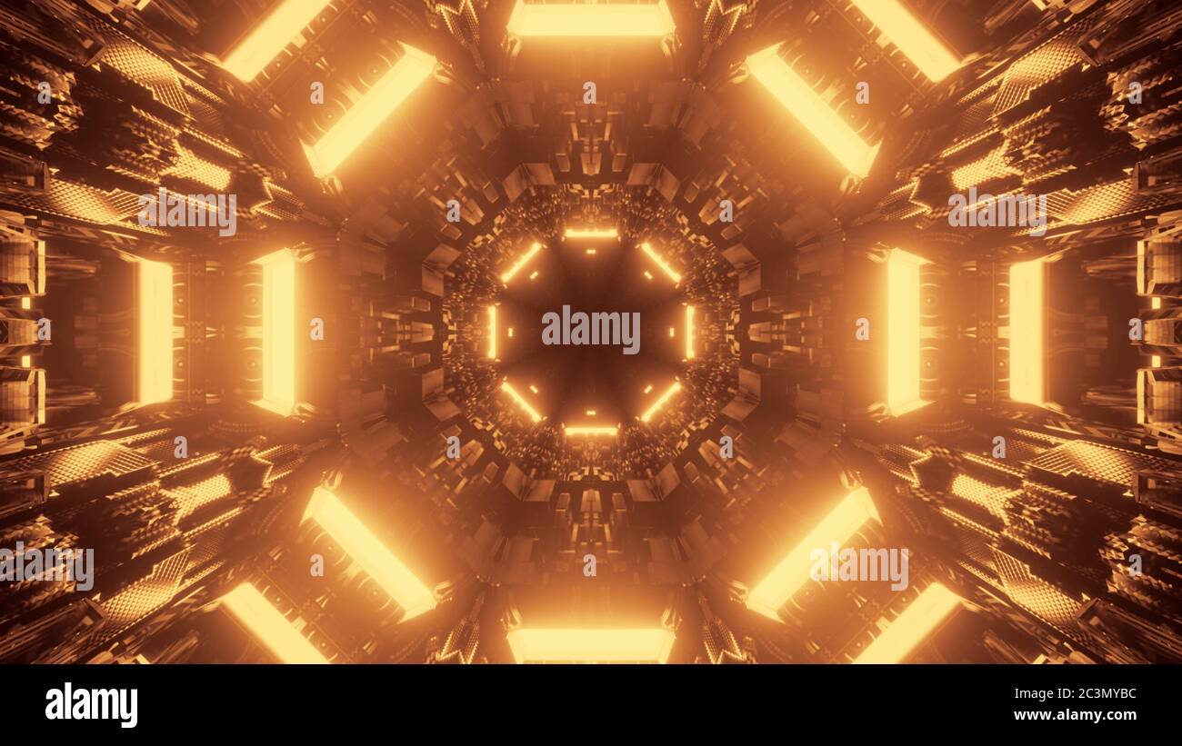 3D rendering of an illustration with geometric shapes and golden laser ...